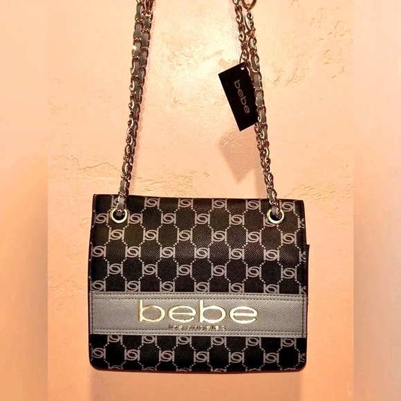 bebe | Bags | Bebe Serena Black And Gold Monogram Flap Shoulder Bag ...